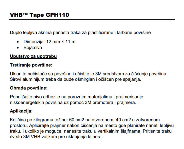 Dvostrana lepljiva traka 12mmx33m GPH-110GF 3M VHB - Totem Tim Led Market